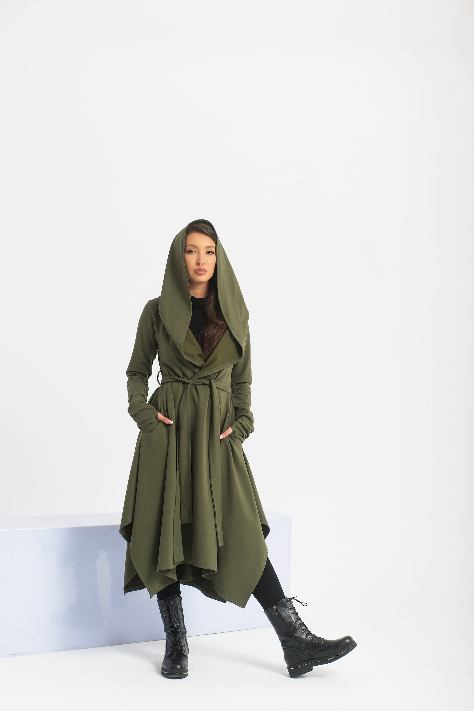 Hooded Green Cloak, Long Cyberpunk Hoodie, Asymmetrical Swing Coat ...