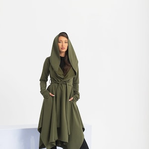 Hooded Green Cloak, Long Cyberpunk Hoodie, Asymmetrical Swing Coat ...