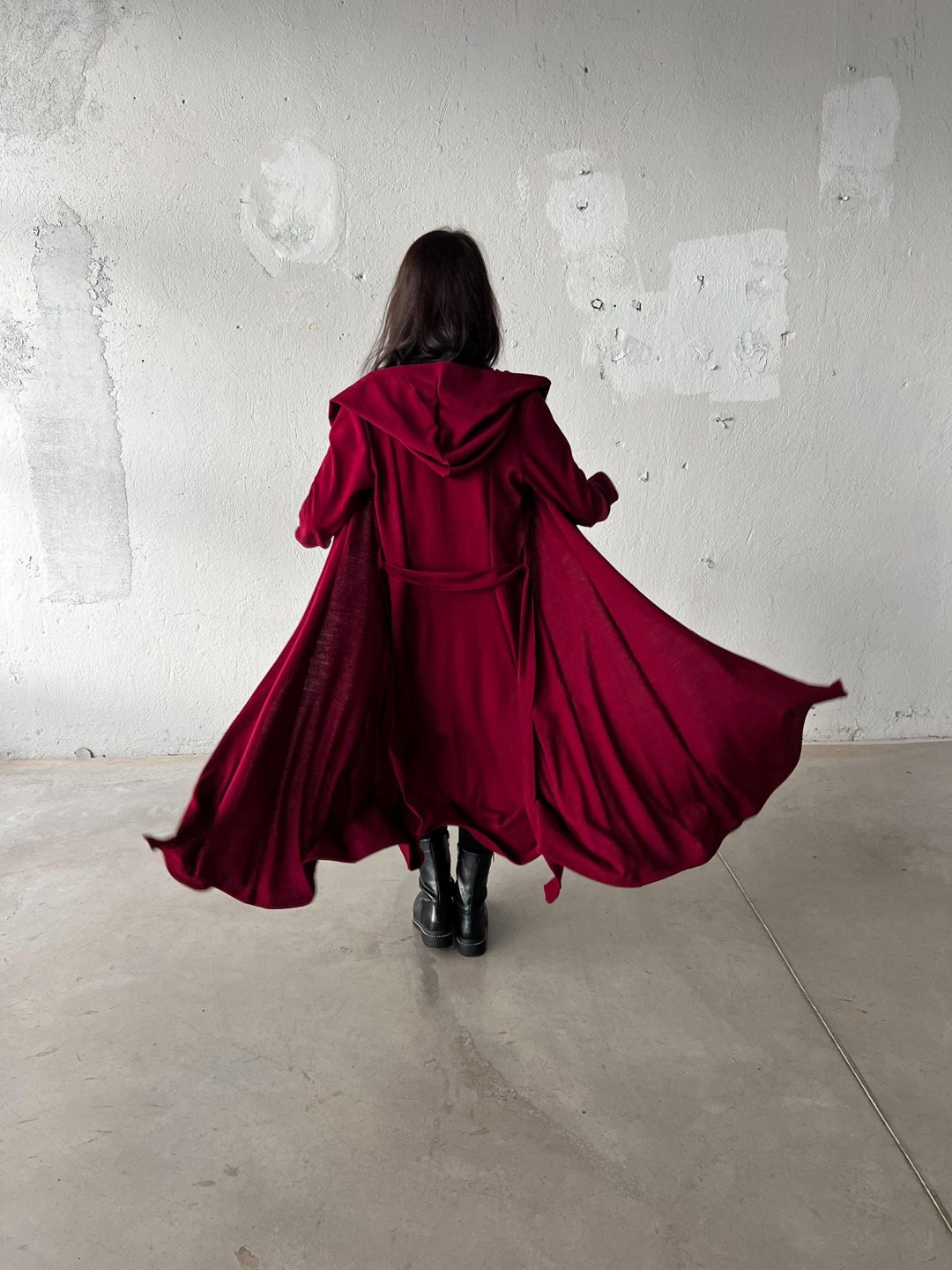 Long Knitted Wool Swing Coat, Burgundy Cloak With Hood, Maxi Cardigan ...