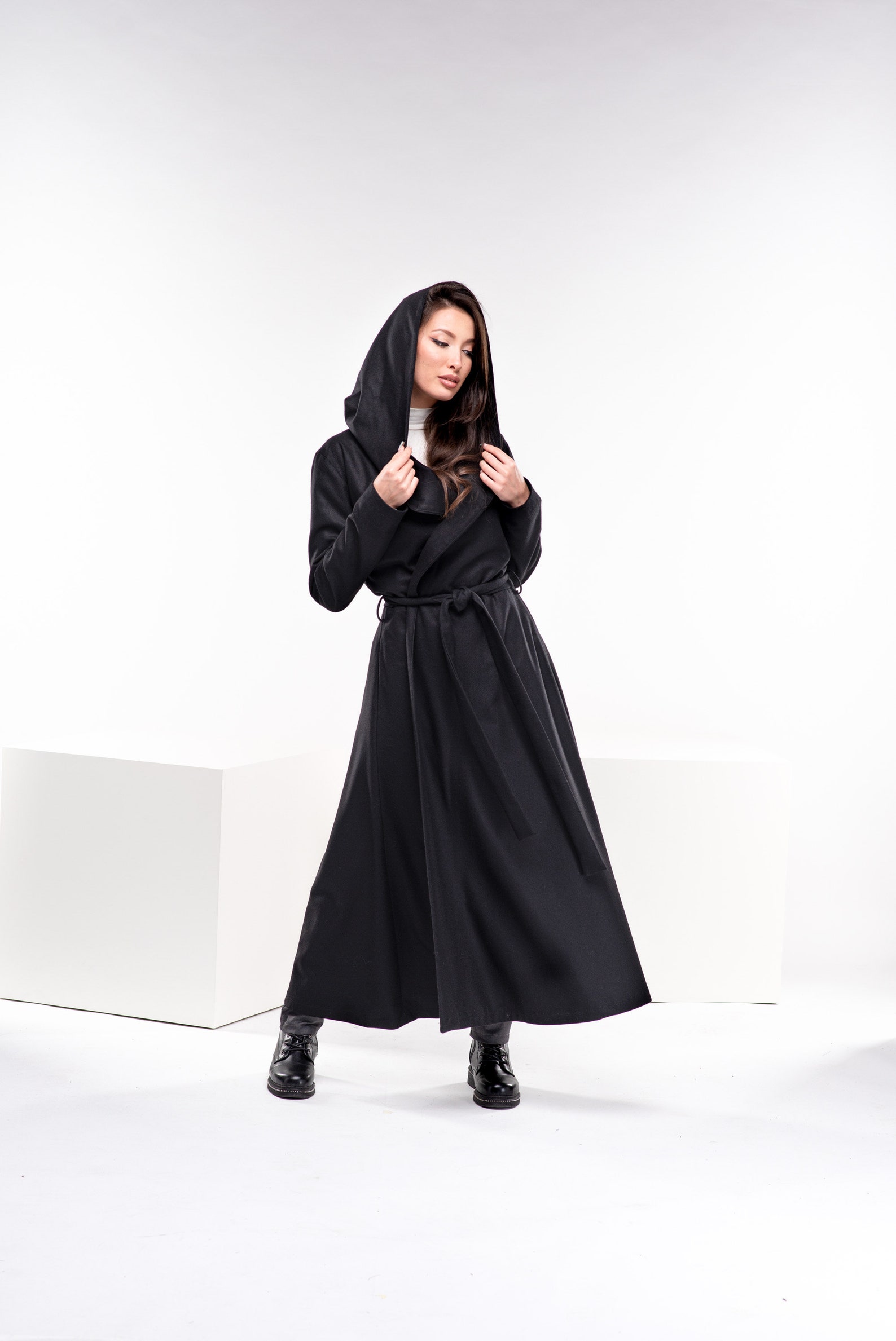 Winter Princess Coat, Hooded Swing Coat, Edwardian Coat, Black Wool ...