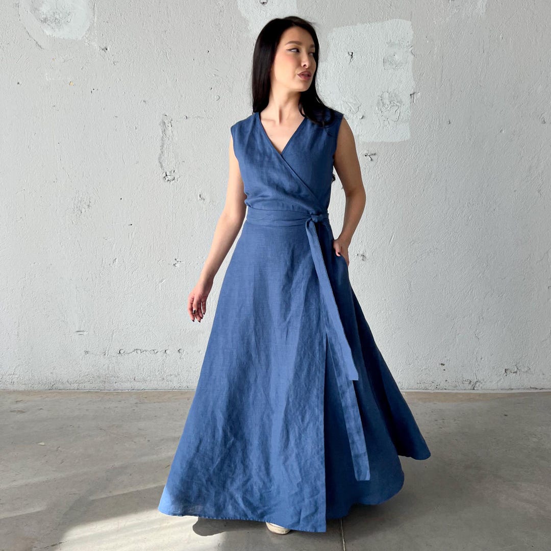 Long Linen Wrap Dress, Sleeveless Kaftan Dress, Summer Maxi Dress, Blue ...