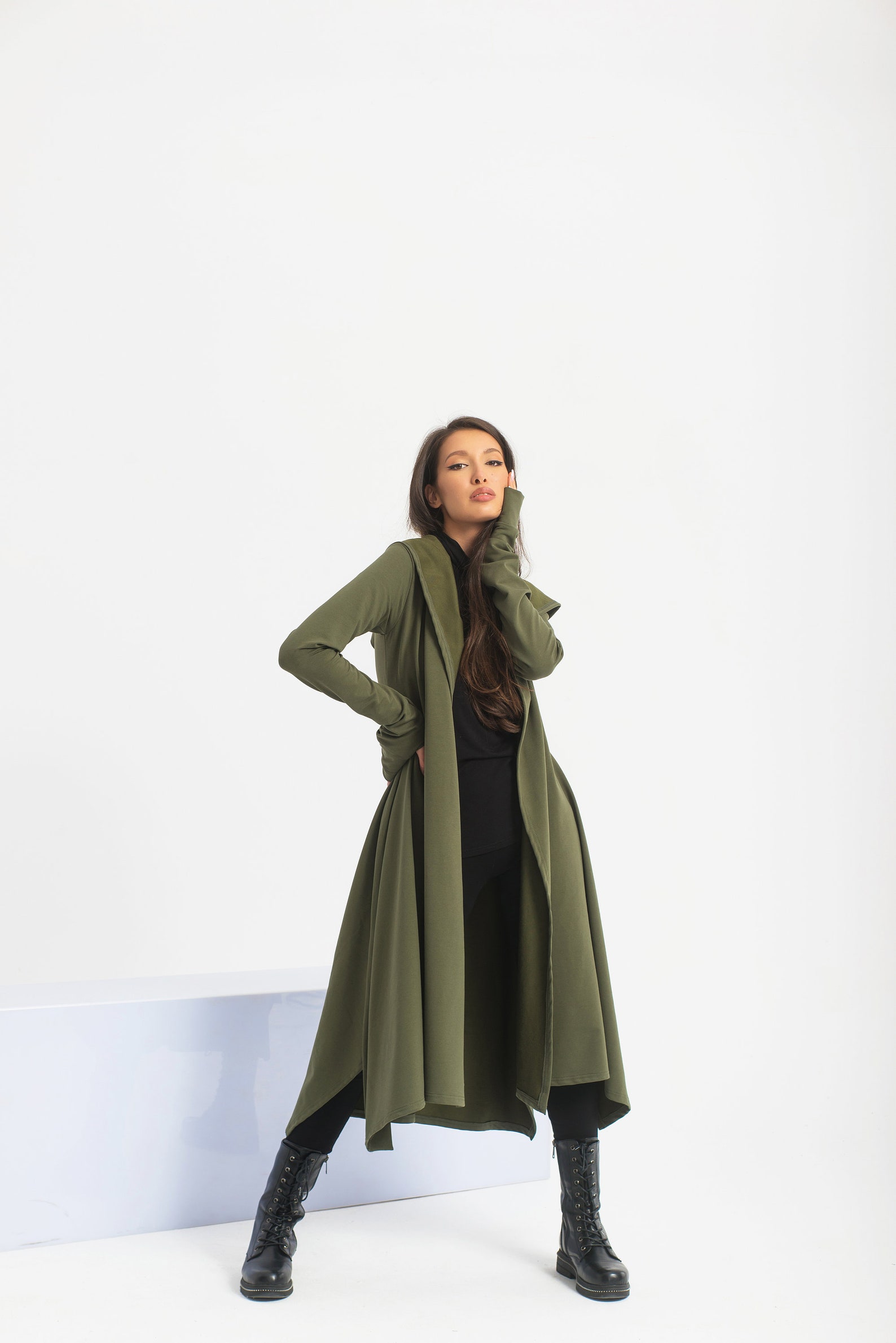 Hooded Green Cloak, Long Cyberpunk Hoodie, Asymmetrical Swing Coat ...