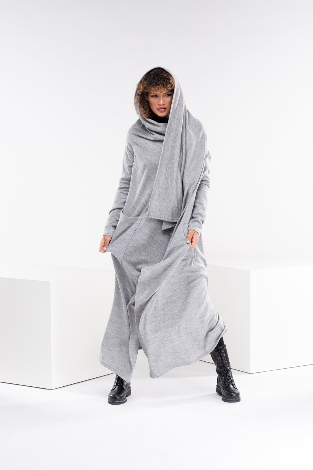 Long Asymmetrical Cape Coat, Grey Wool Cardigan, Grunge Sweater Coat ...