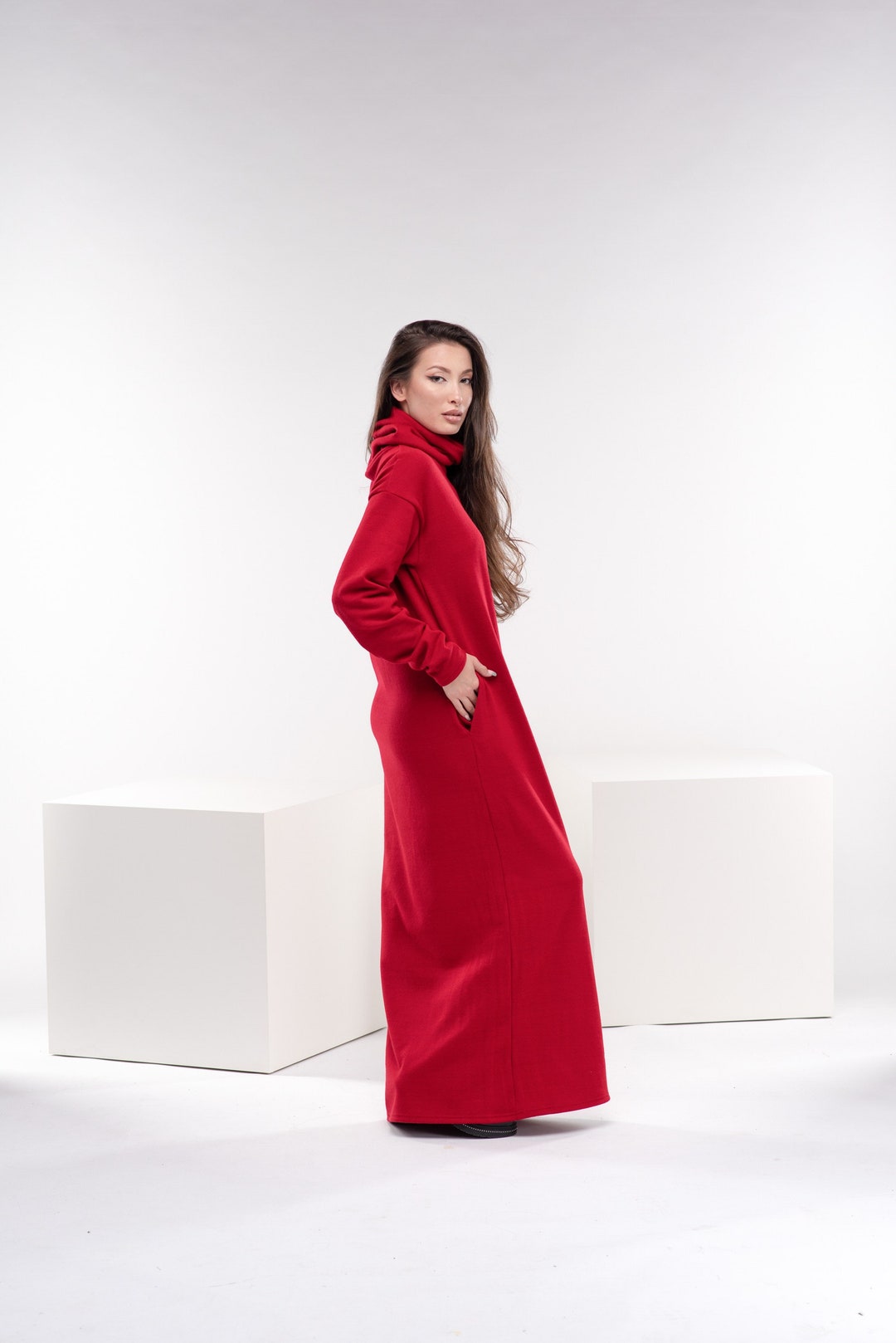Long Red Knit Dress, Winter Maxi Dress, Wool Floor Length Dress ...