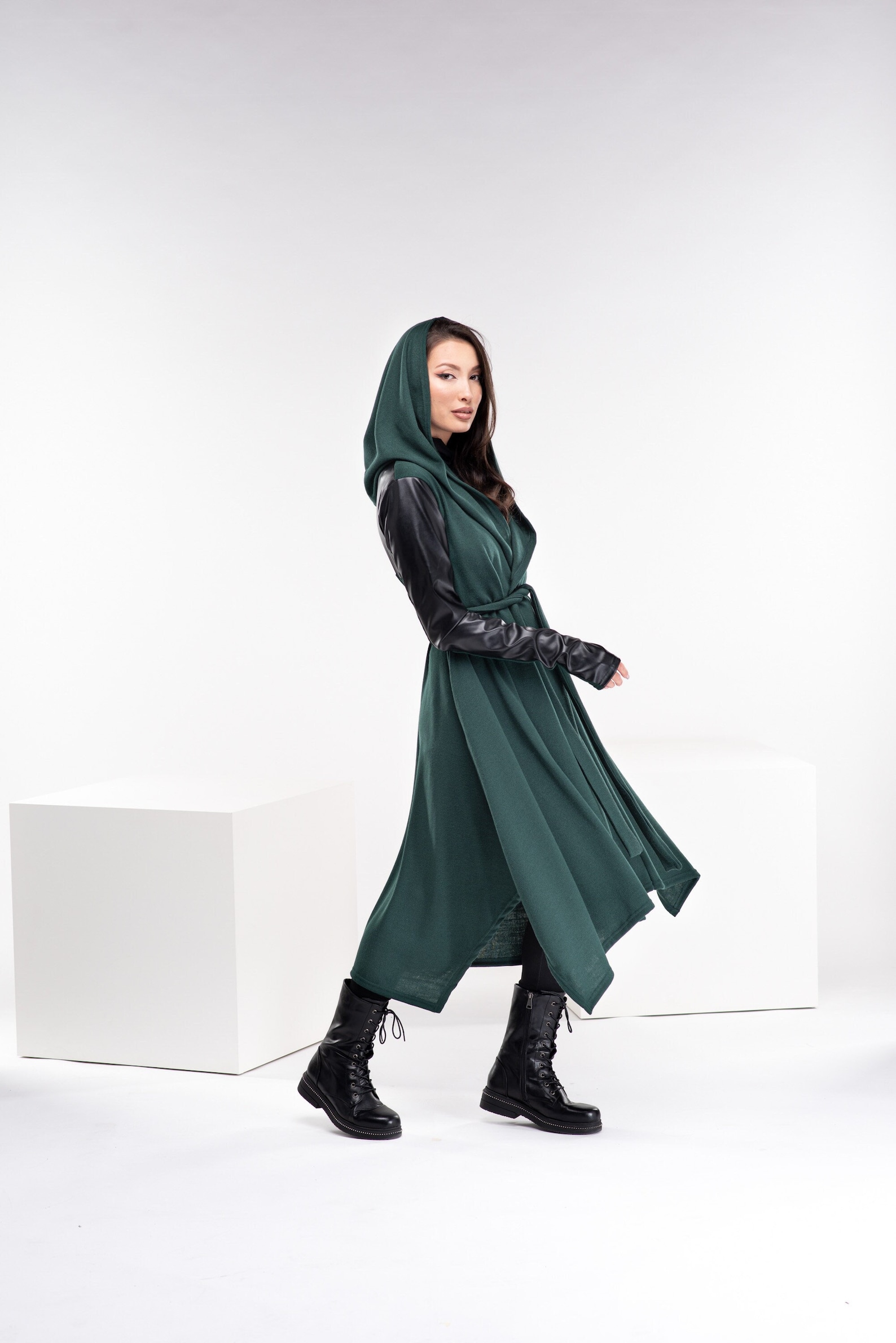 Witch Green Cloak, Hooded Wizard Cloak, Wool Leather Adult Cape, Long ...