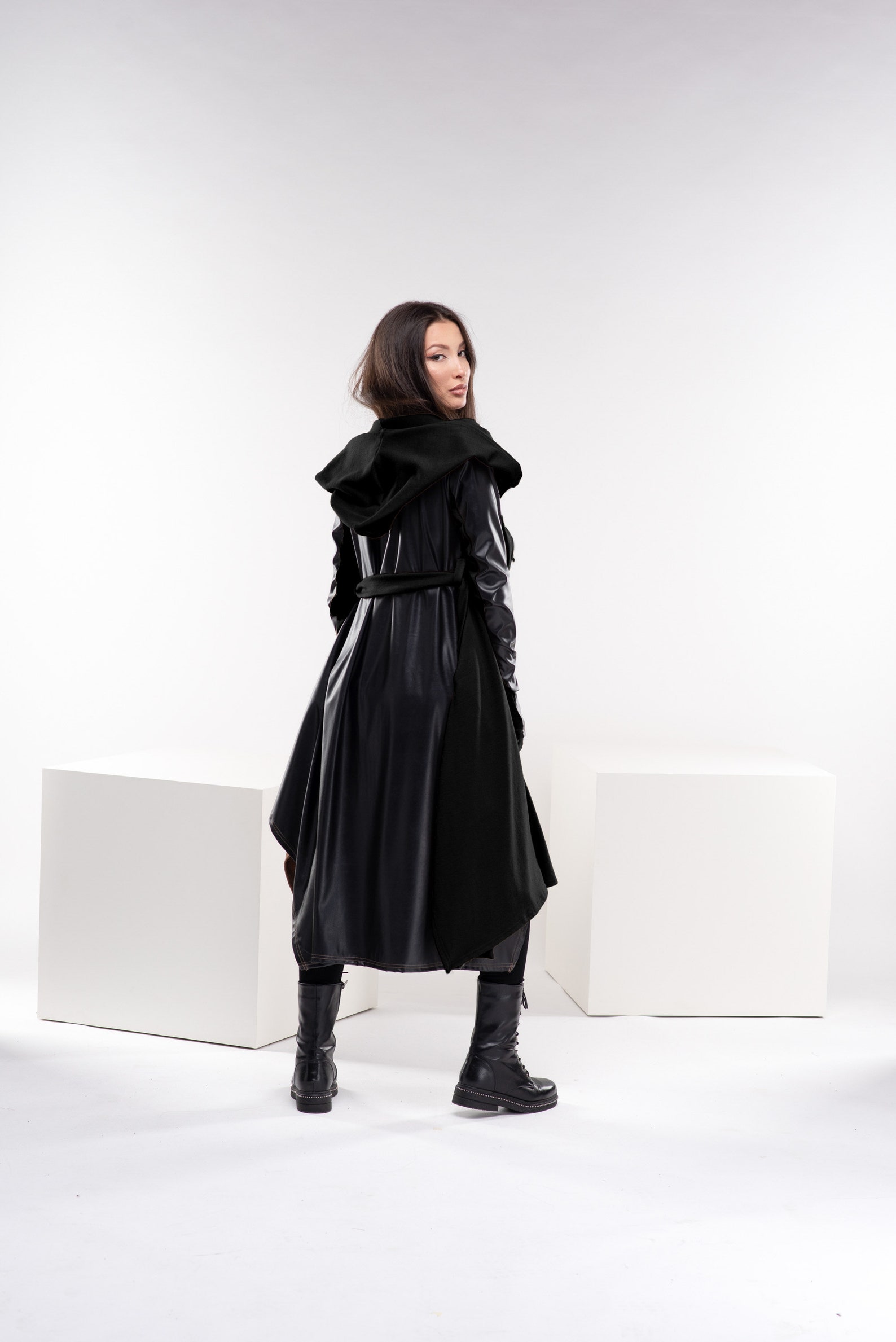 Black Leather Cape, Wool Cloak With Hood, Winter Sweater Coat, Plus ...