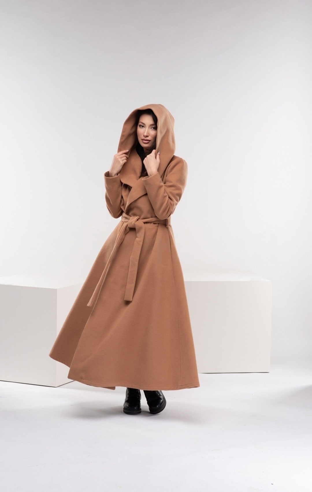 Long Princess Trench Coat, Hooded Winter Cape Coat, Camel Wool Swing ...