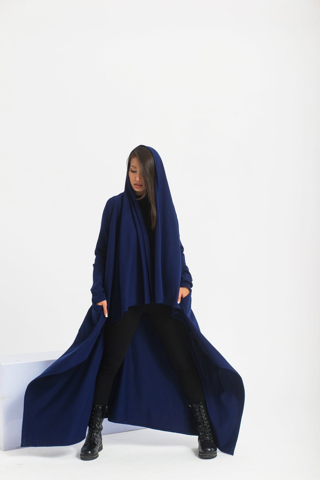 Navy Blue Wool Coat, Oversized Hooded Cloak, Cyberpunk Cosplay Cardigan ...
