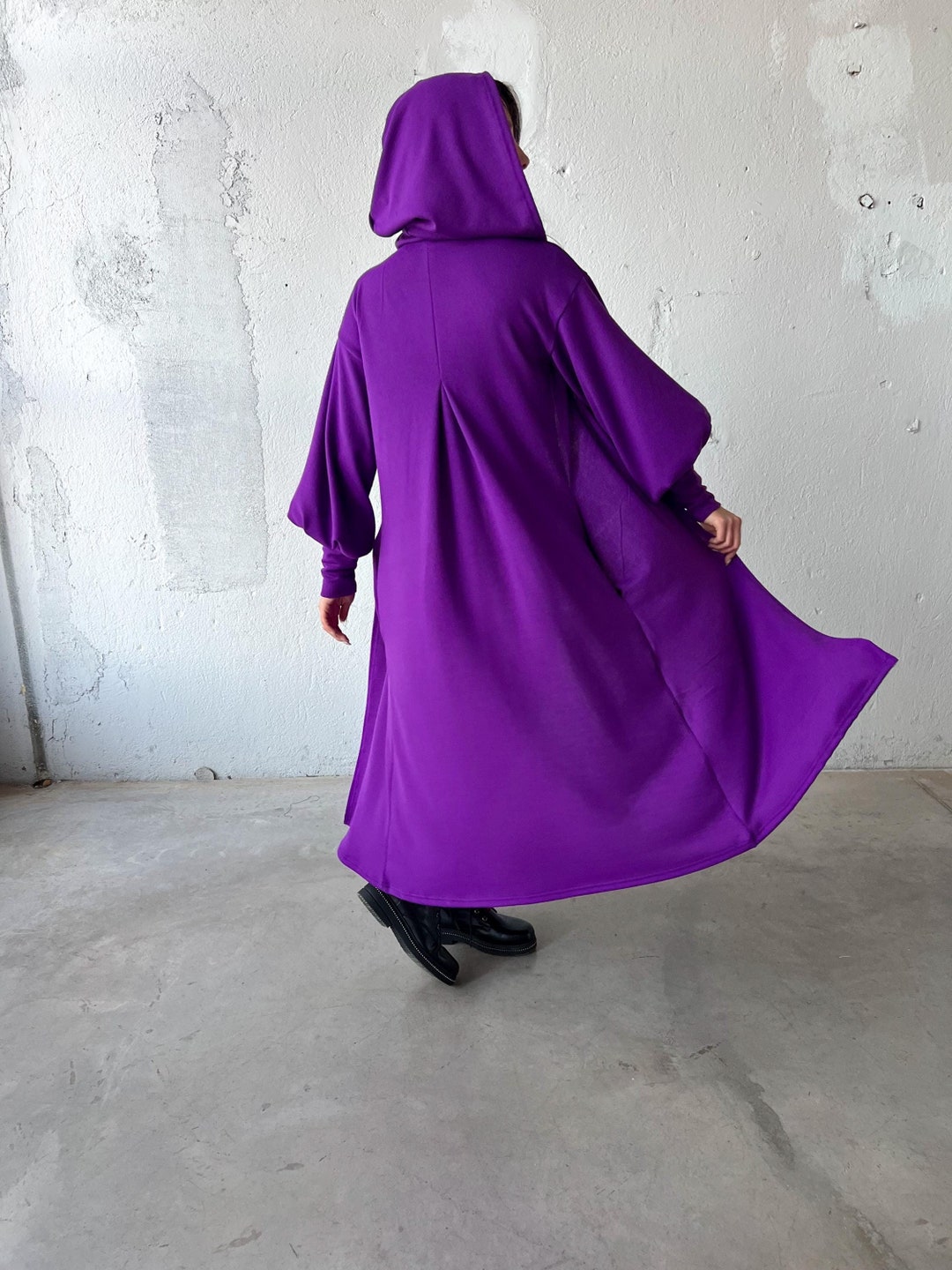 Wool Cloak With Hood, Puff Sleeves Cape, Purple Winter Fantasy Cape ...