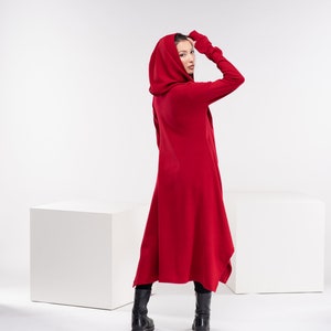 Long Red Cape Coat, Winter Wool Cloak, Cyberpunk Hoodie Cardigan, Knit ...