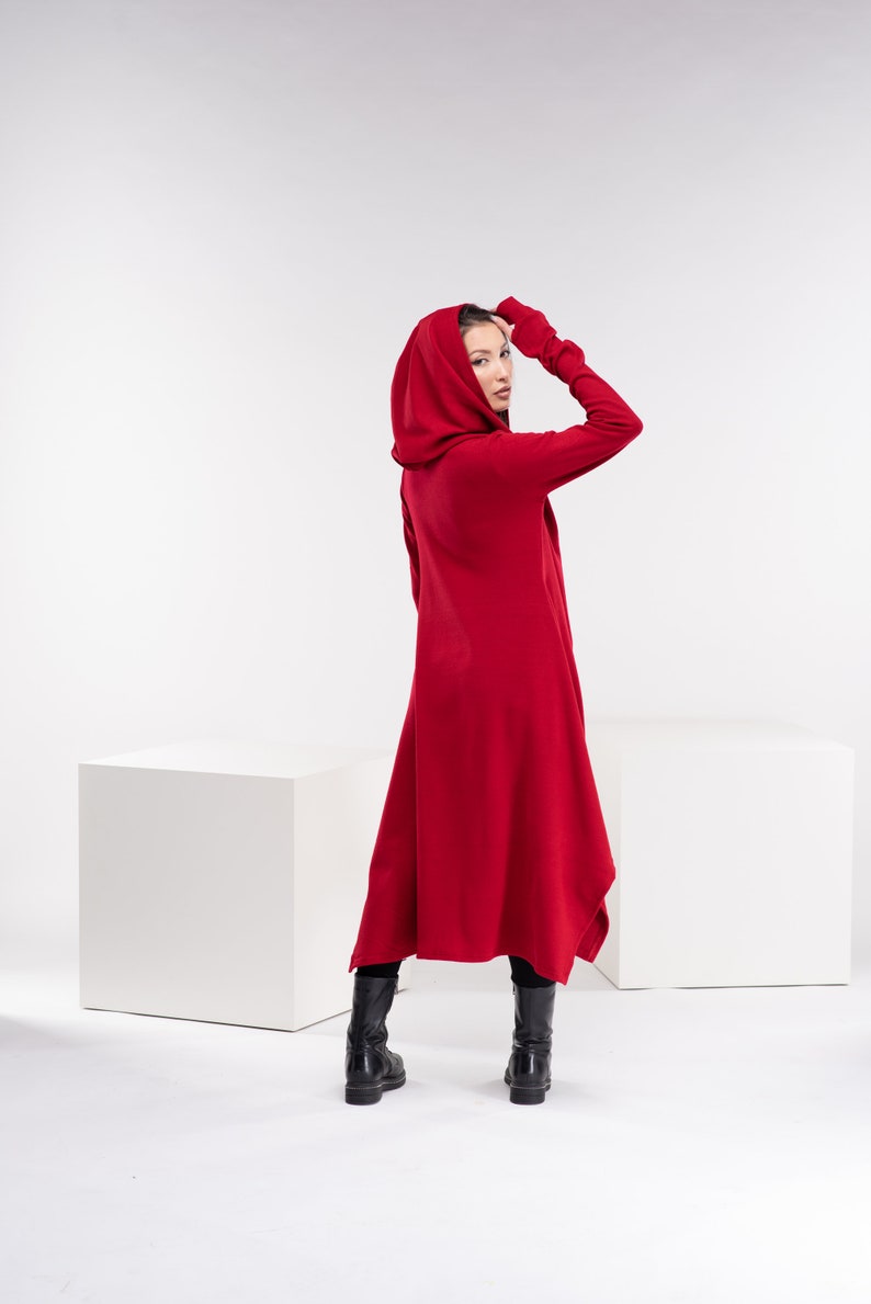 Long Red Cape Coat, Winter Wool Cloak, Cyberpunk Hoodie Cardigan, Knit ...