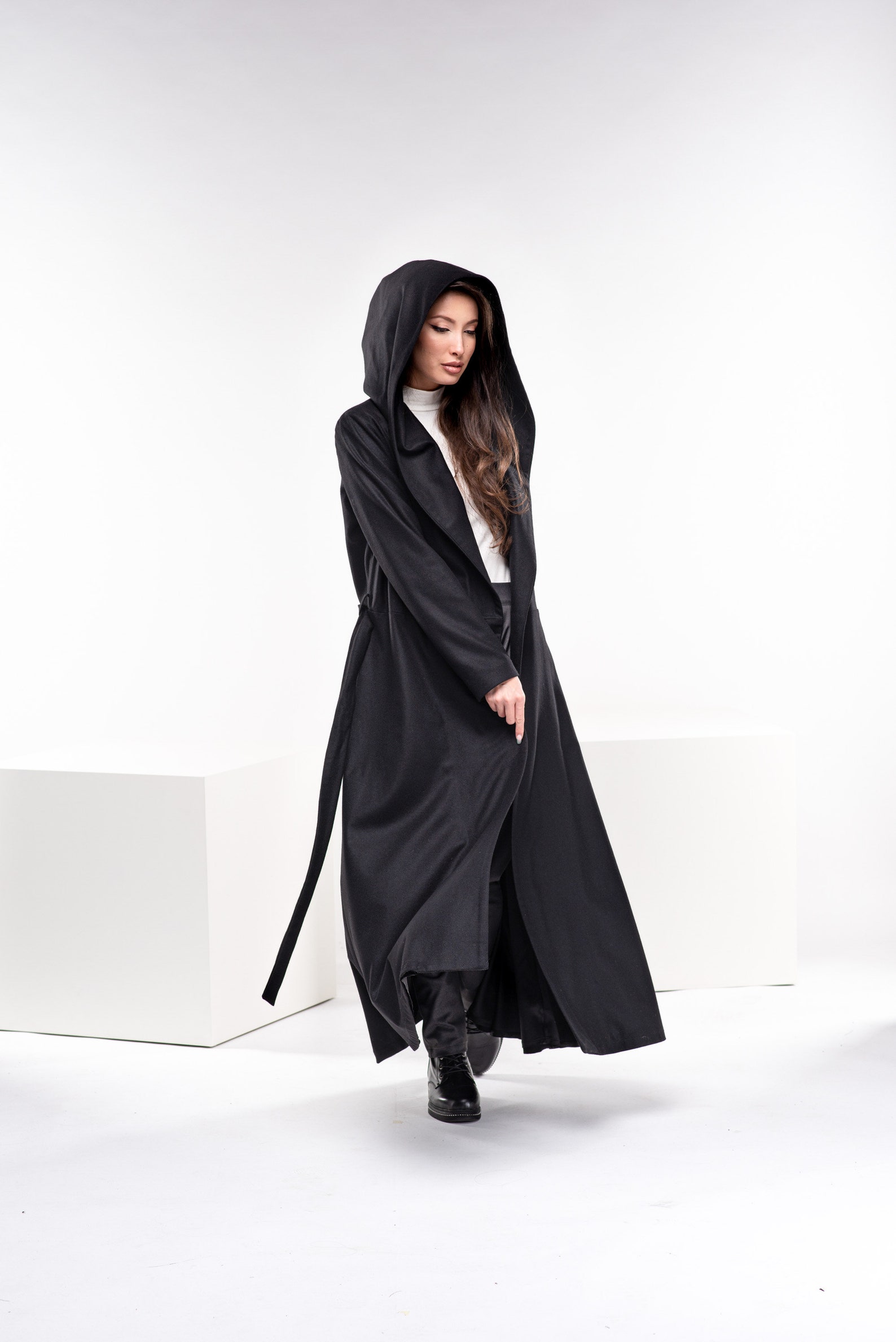 Winter Princess Coat, Hooded Swing Coat, Edwardian Coat, Black Wool ...
