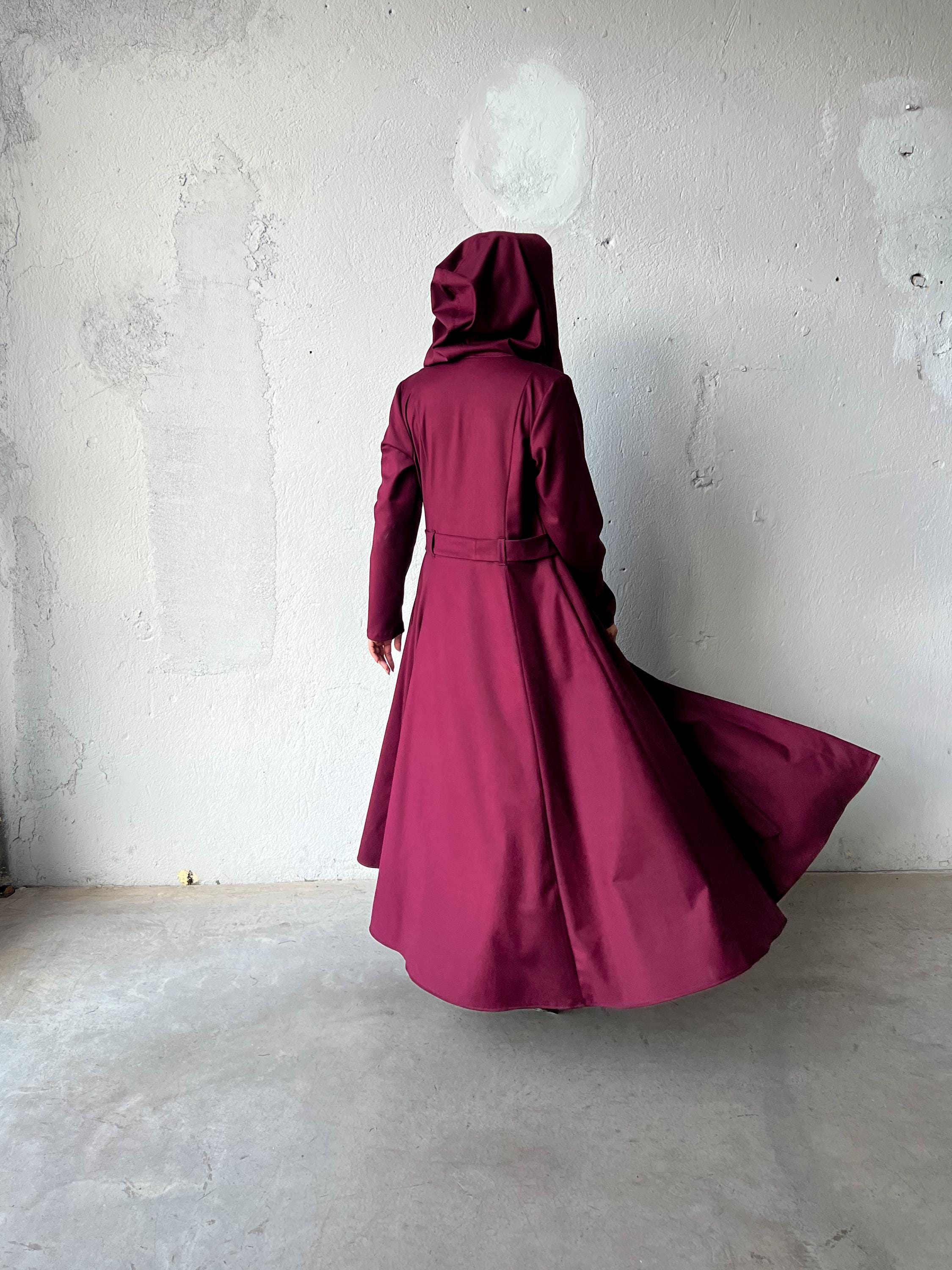 Burgundy Wizard Cloak, Long Hooded Cape Cloak, Wool Witch Cloak, Maxi ...