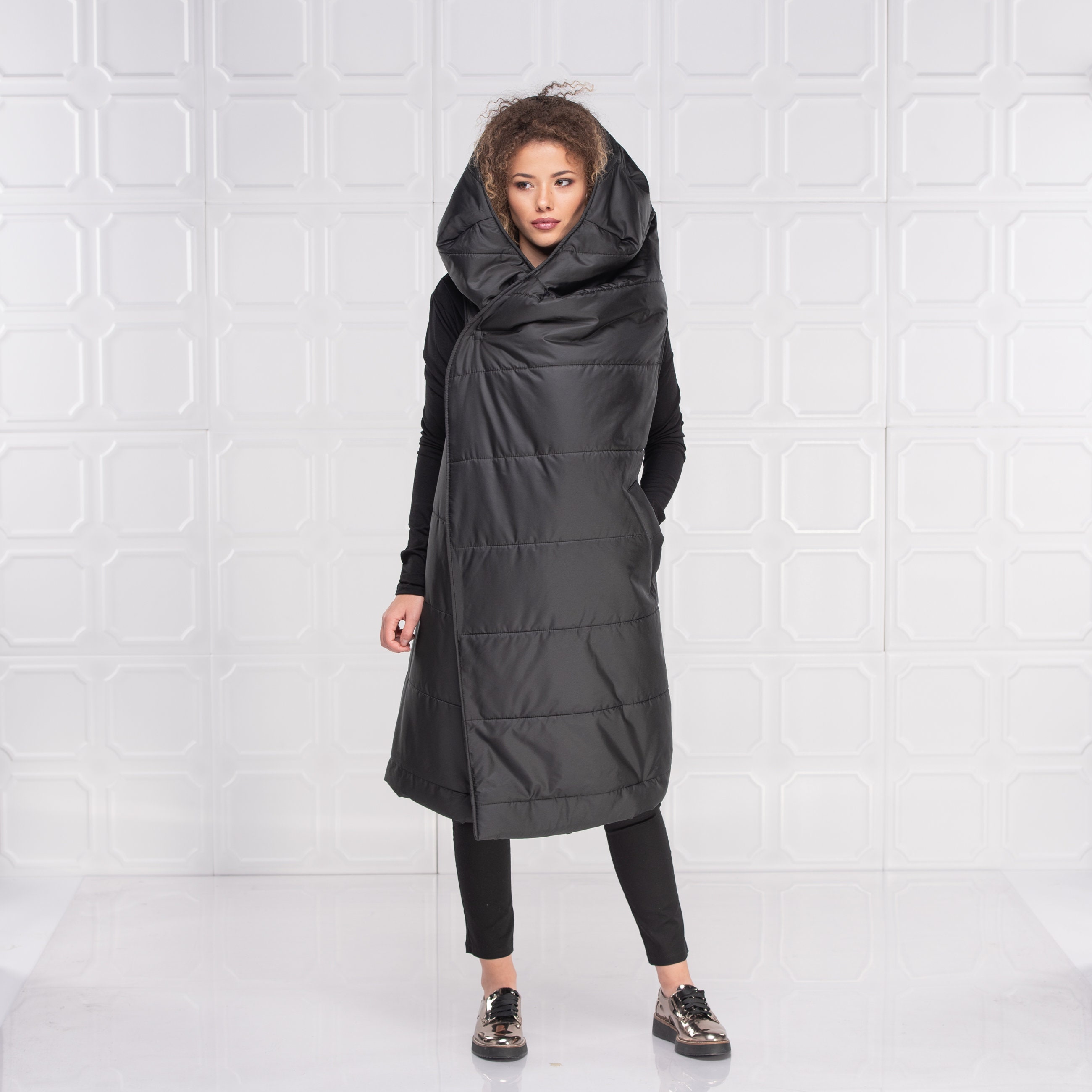 Black Women Vest Puffer Coat Hooded Vest Winter Coat | Etsy