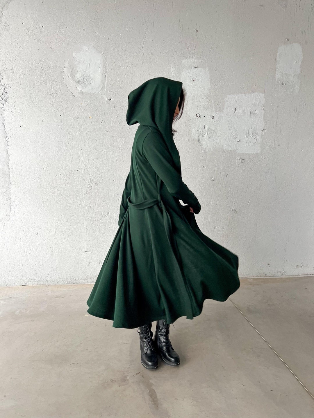 Long Green Swing Cloak With Hood : Open Front Wool Winter Cardigan - Etsy