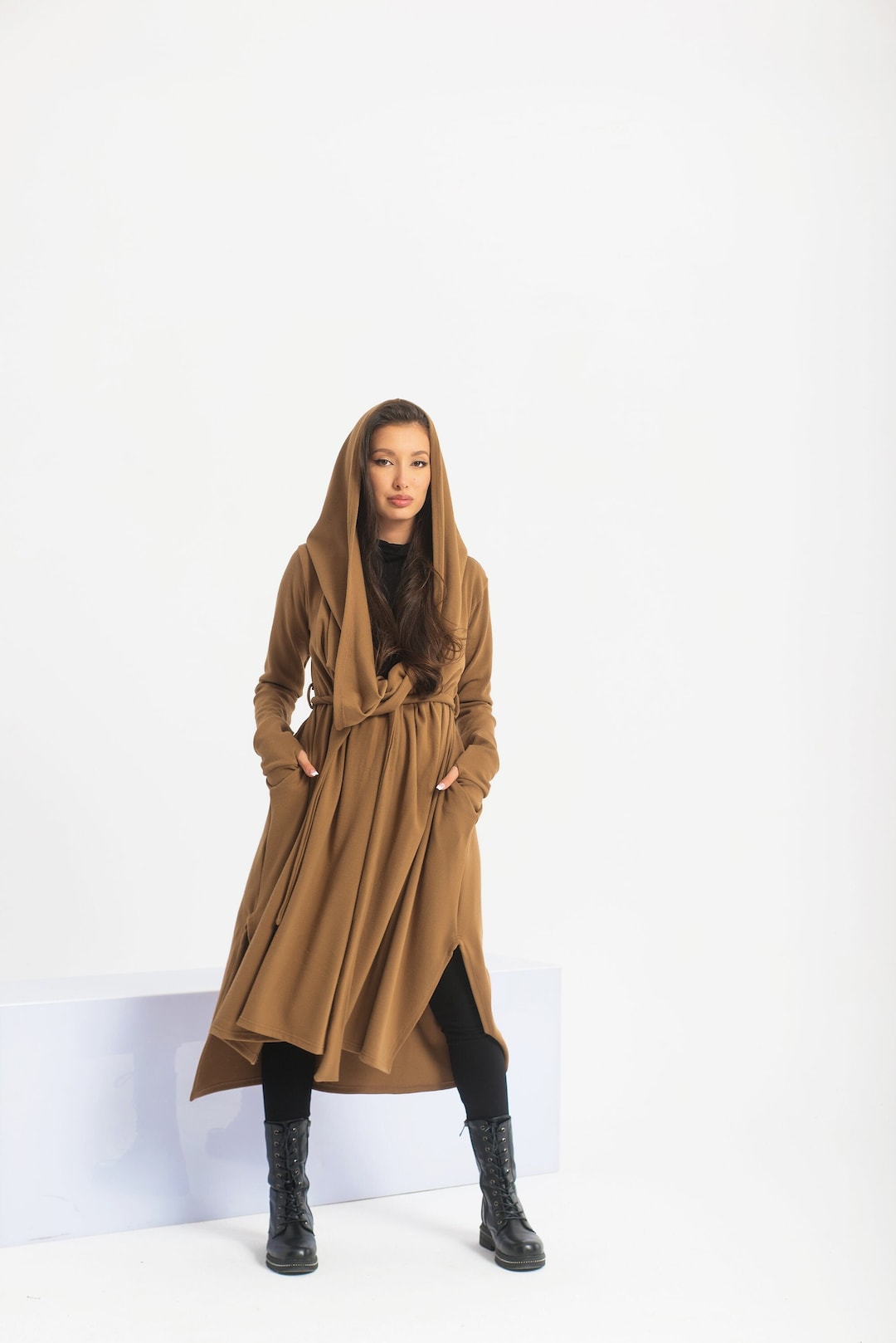 Hooded Winter Cloak, Maxi Halloween Cardigan, Long Sweater Coat, Camel ...