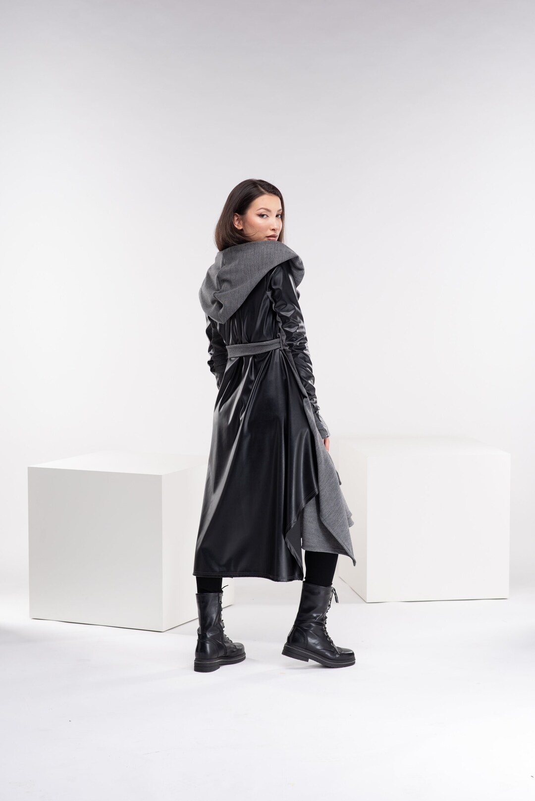 Wool Leather Cloak, Long Womens Cape, Long Sweater Coat, Hooded Gray ...