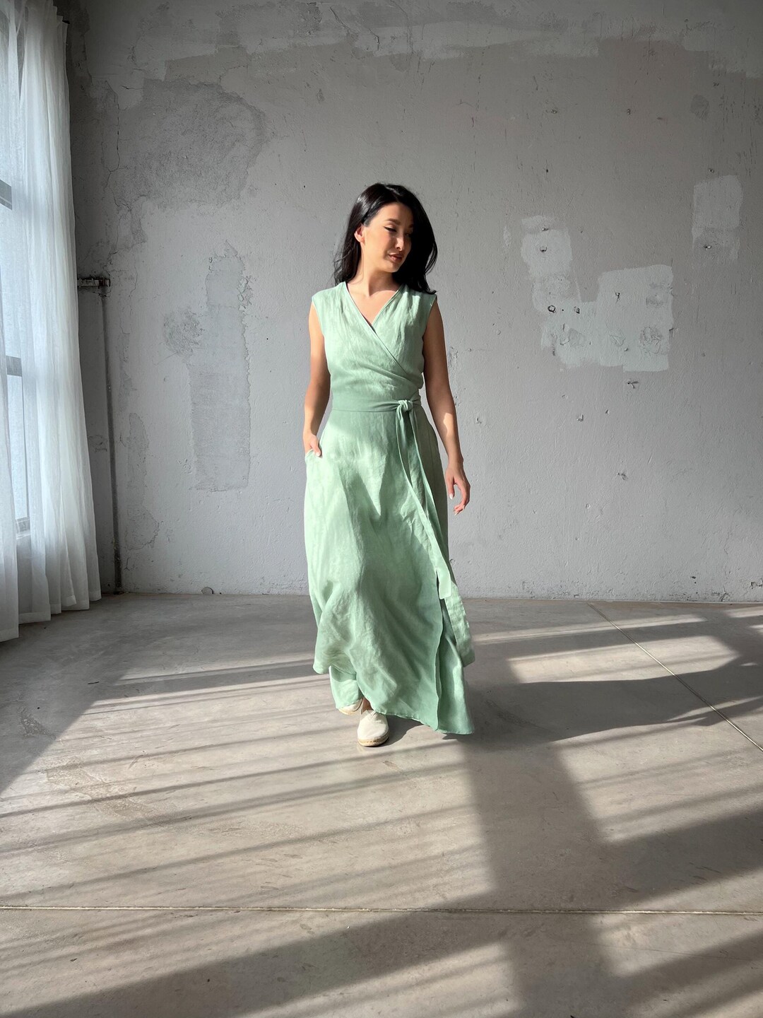 Linen Kaftan Dress, Long Linen Wrap Dress, Sleeveless Maxi Dress, Linen ...