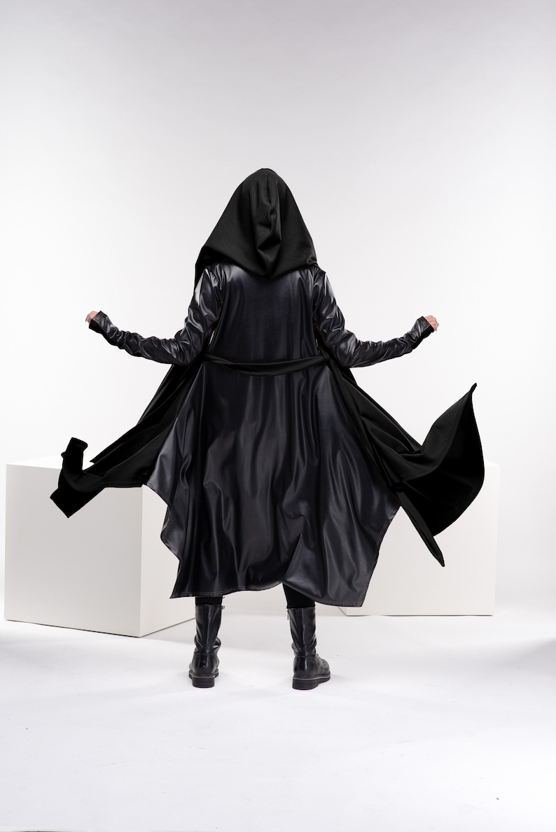 Black Leather Cape, Wool Cloak With Hood, Winter Sweater Coat, Plus ...