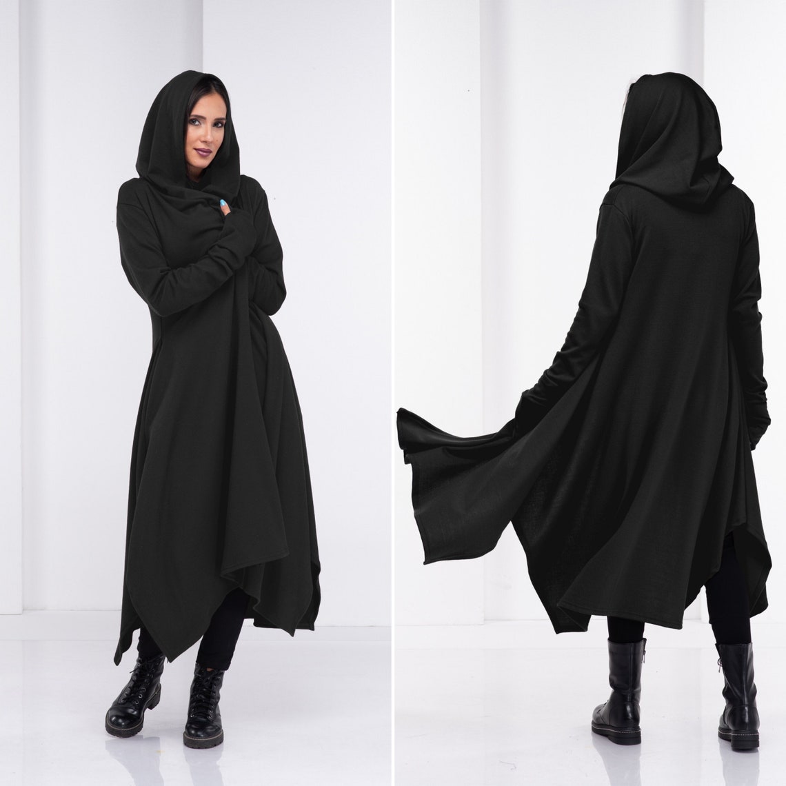 Winter Black Cloak Hooded Gothic Cape Long Asymmetric Coat - Etsy