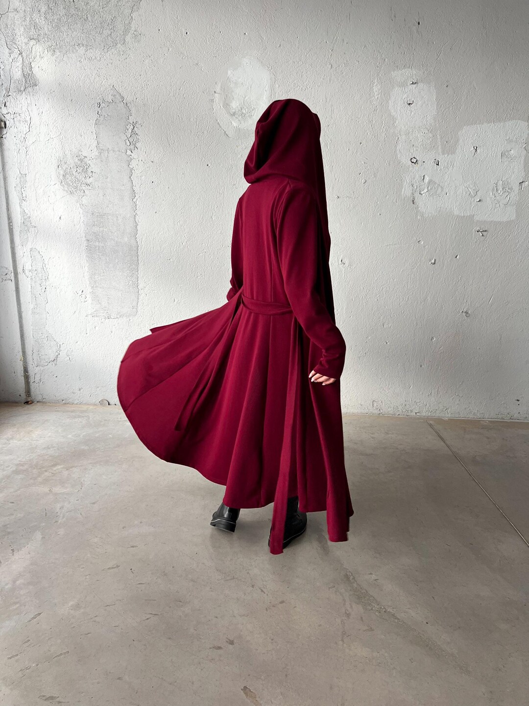 Wool Burgundy Hooded Cloak, Long Swing Coat, Maxi Cardigan Coat With ...