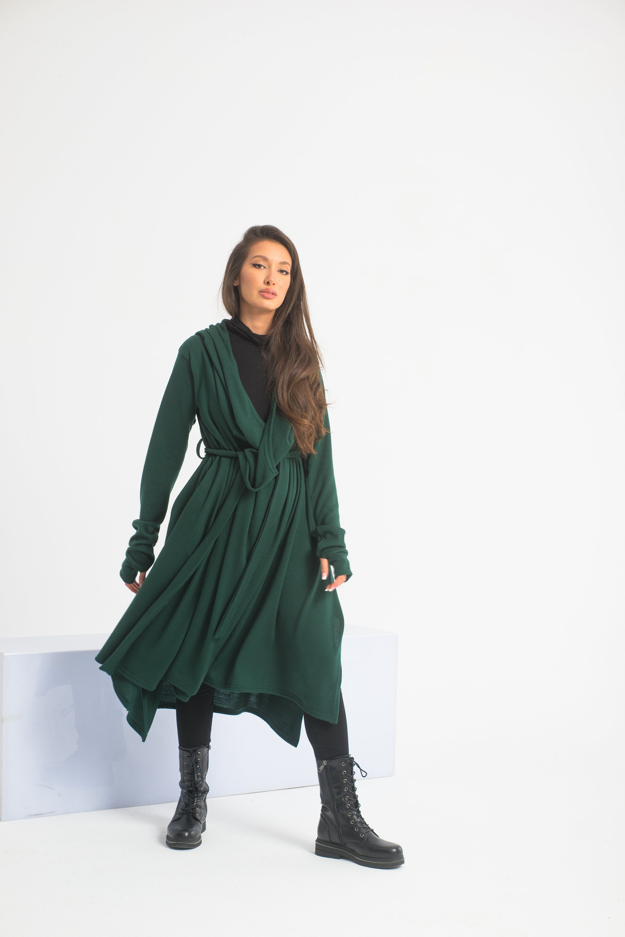 Green Wool Coat, Medieval Fantasy Cape, Green Witch Cloak, Long Hooded ...