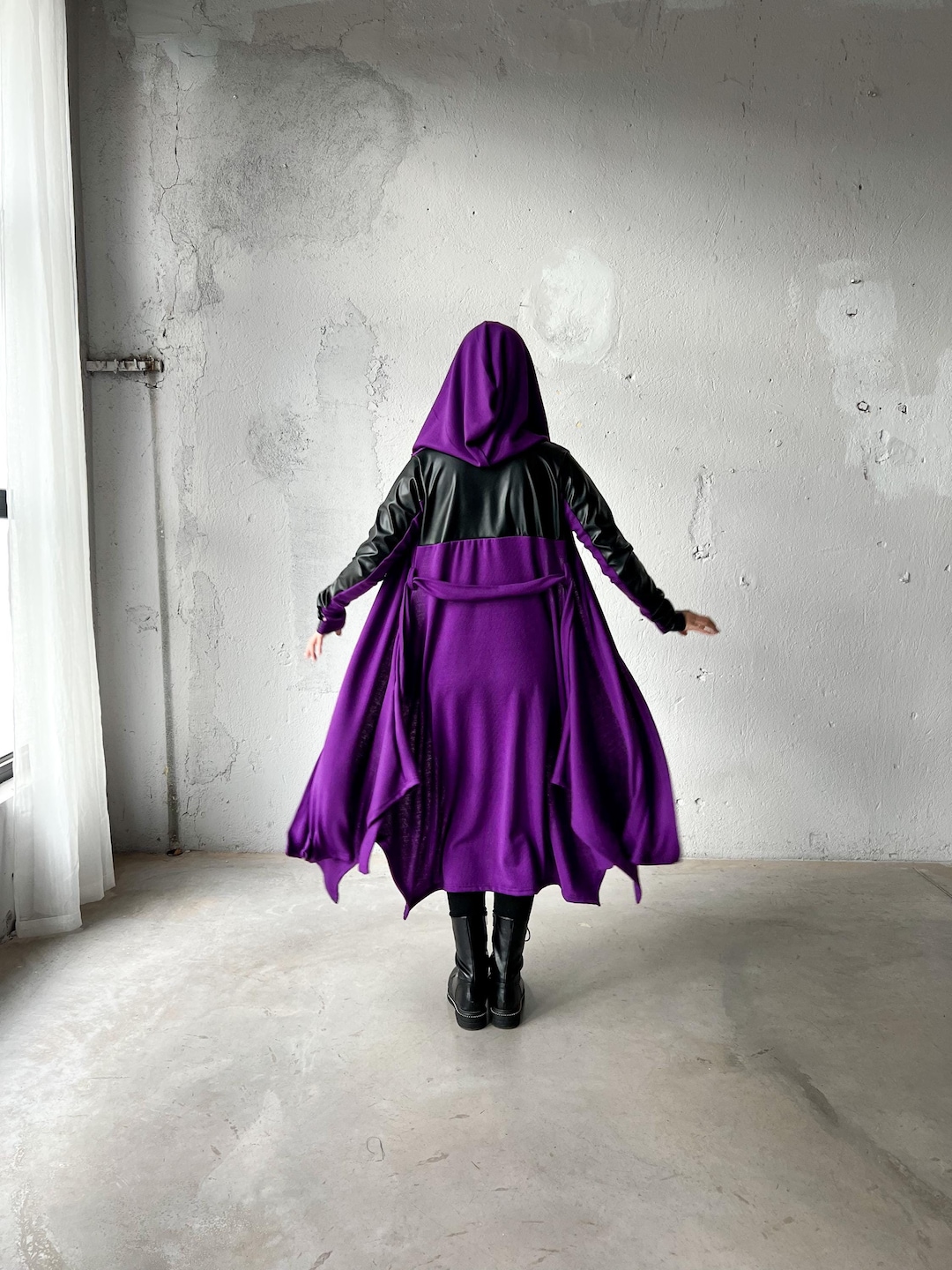 Purple Hooded Cloak With Pockets, Long Cyberpunk Cardigan, Wrap ...