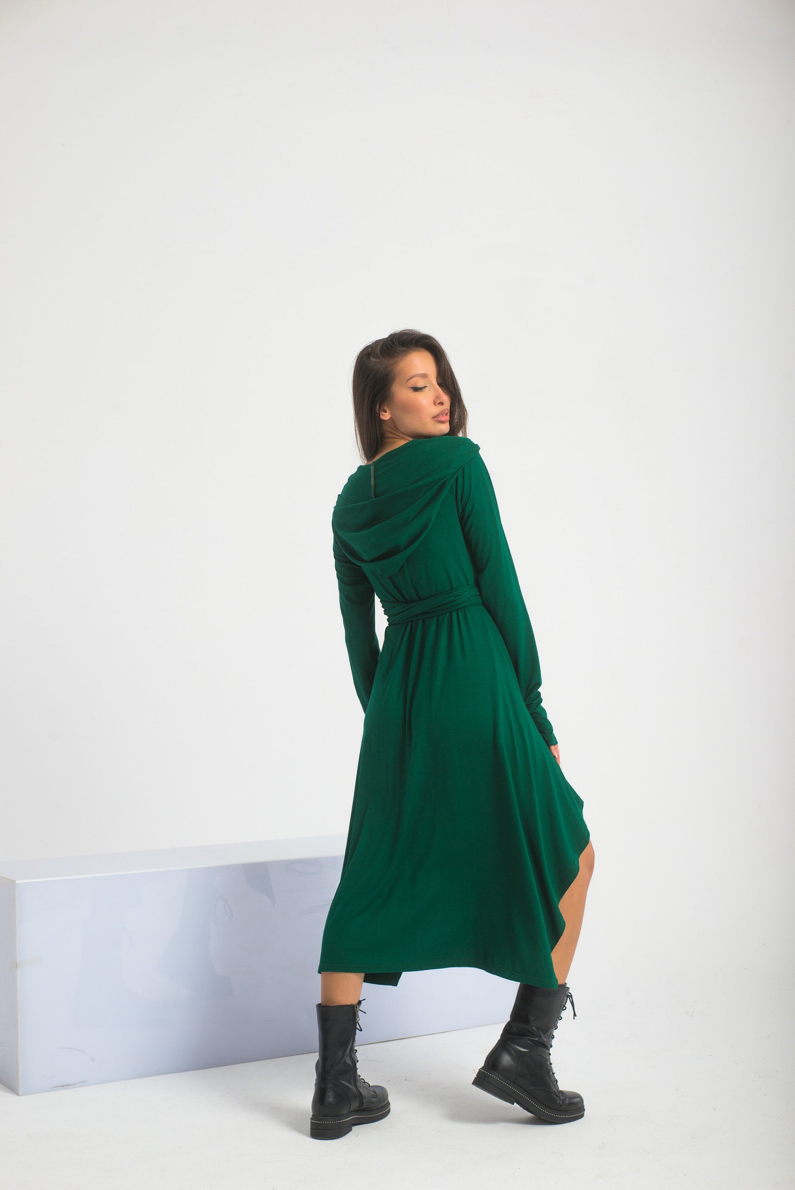 Green Hooded Dress Asymmetrical Wrap Dress Witch Autumn - Etsy