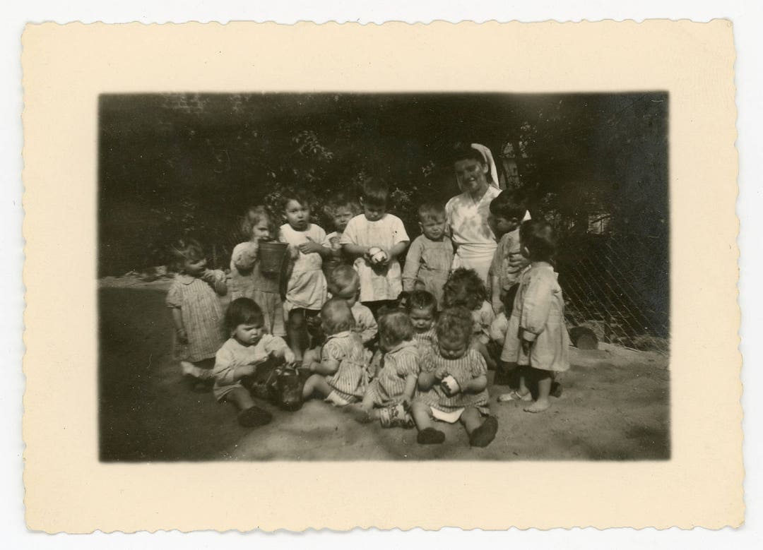 2 Vintage Photos "squirming Bunch" Group of Toddlers in Garden, Small ...