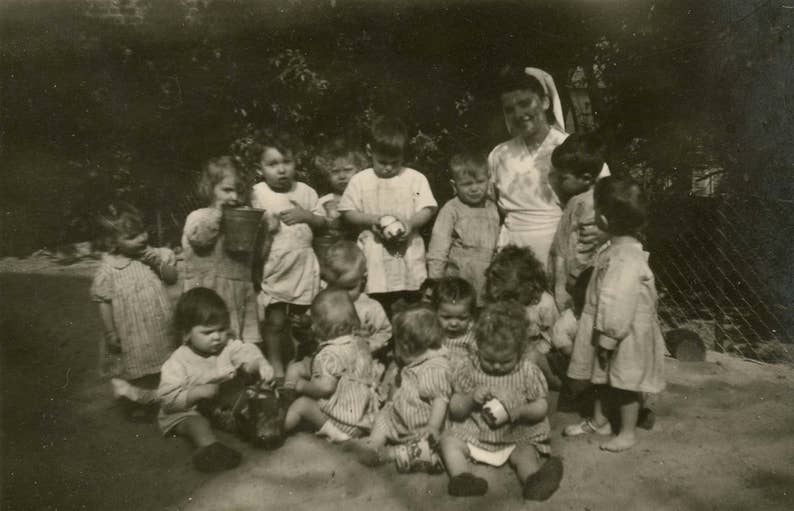 2 Vintage Photos "squirming Bunch" Group of Toddlers in Garden, Small ...