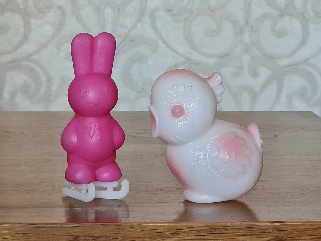 Soviet Vintage Small Plastic Toys, Pink Bunny Ice Skating, Small Chick ...