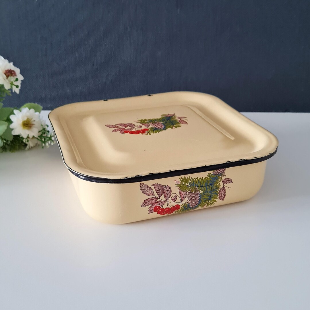 Vintage Yellow Enamel Food Container With Lid, Small Refrigerator ...