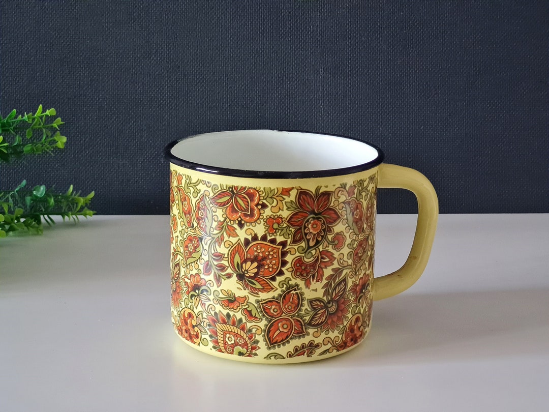 Soviet Vintage 1 Liter Mug, Yellow Enamel Mug With Floral Pattern ...