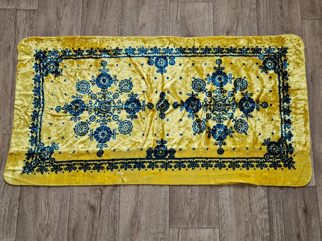 Soviet Vintage Yellow Plush Rug With Blue Pattern, Small Velvet Rug ...