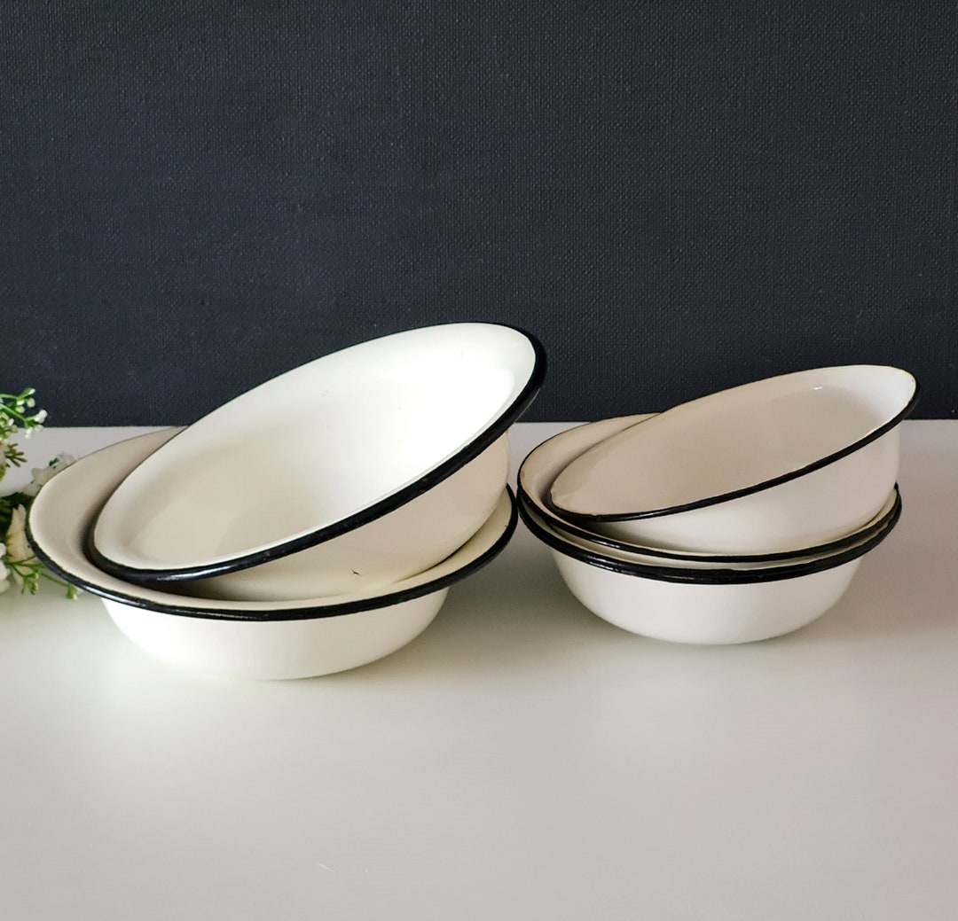 Soviet Vintage White Enamel Bowls With Black Rim, USSR Enamelware 1980s ...