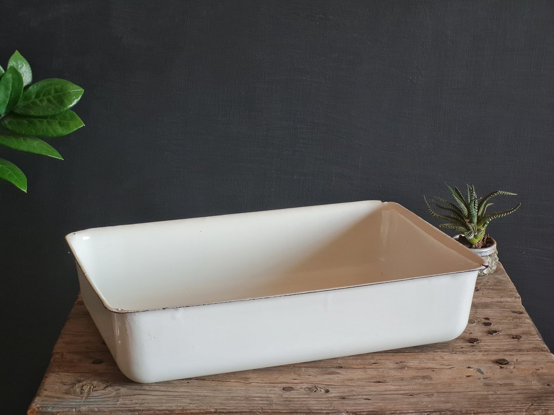 Big White Enamel Bowl, Rectangular Enamel Tray, Soviet Vintage 1970s ...