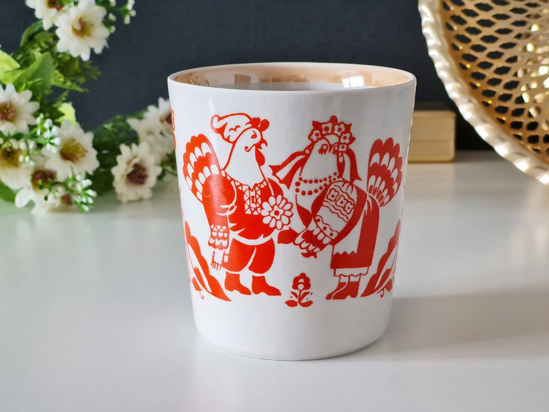 Soviet Vintage White Ceramic Mug With Red Pattern, Cockerel, Ukrainian ...
