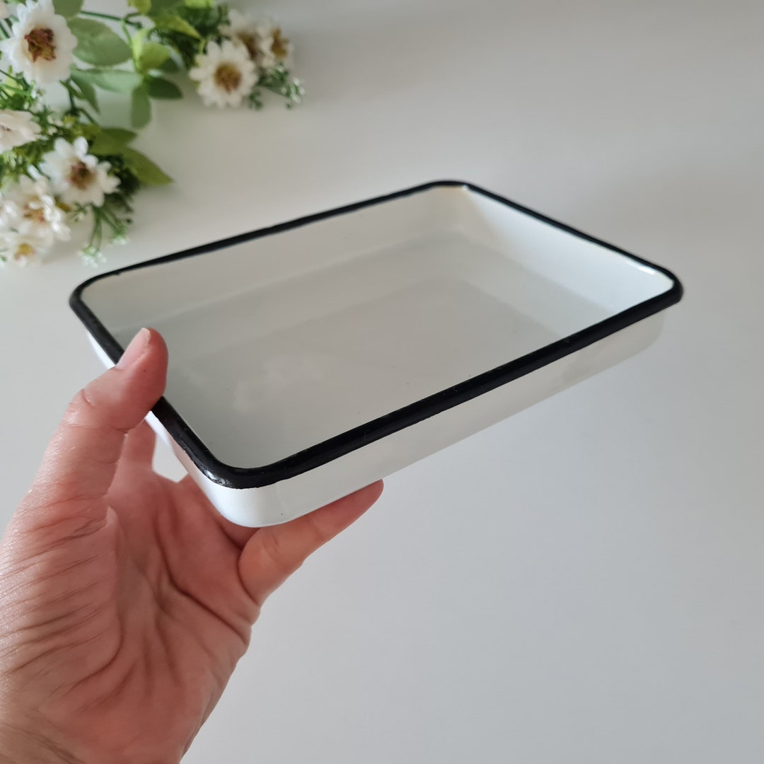 Vintage Enamel Low Tray, White Enamel Dish With Black Rim, Soviet ...