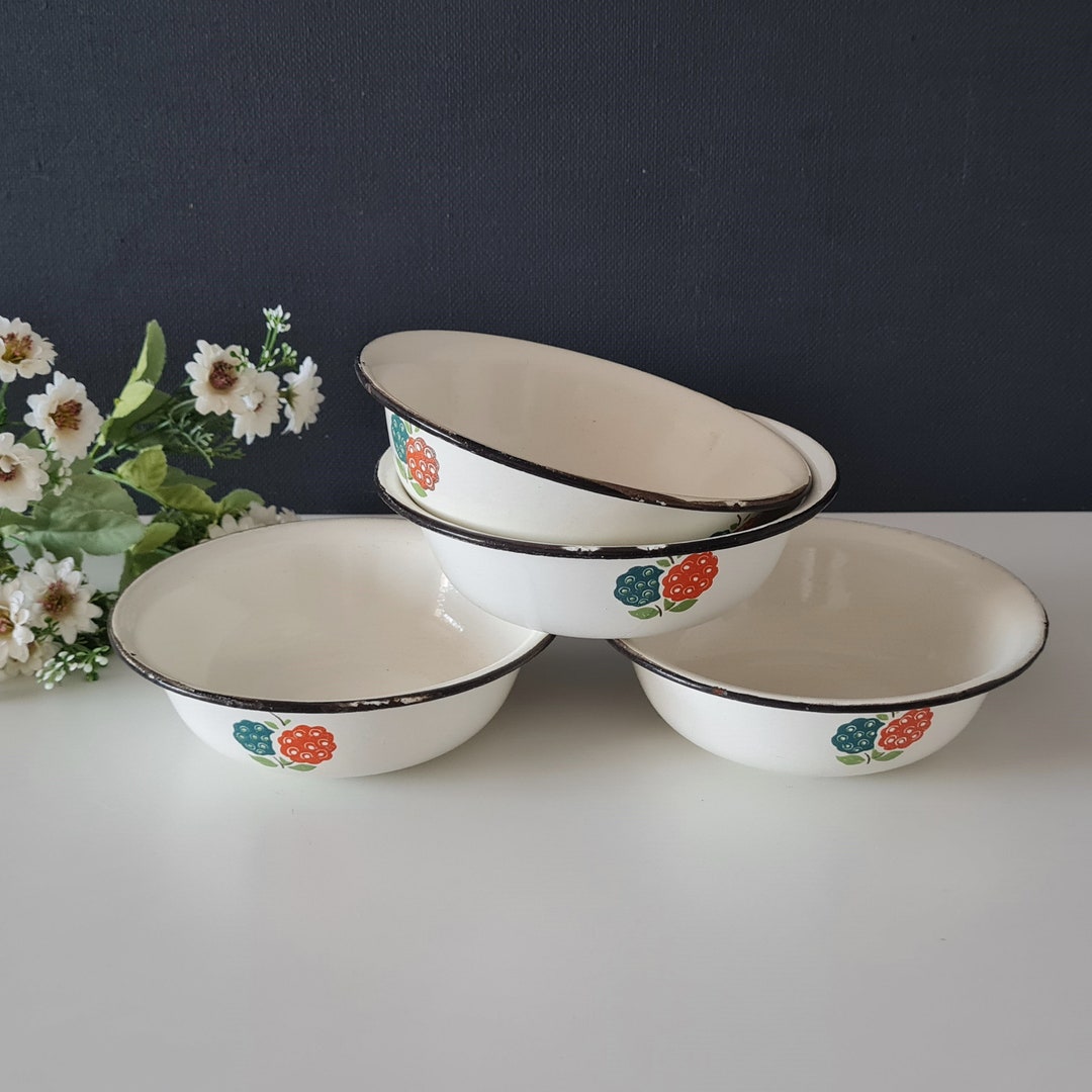 Small Enamel Bowls Set, Enamelware With Flowers, Camping Bowls, Soviet ...