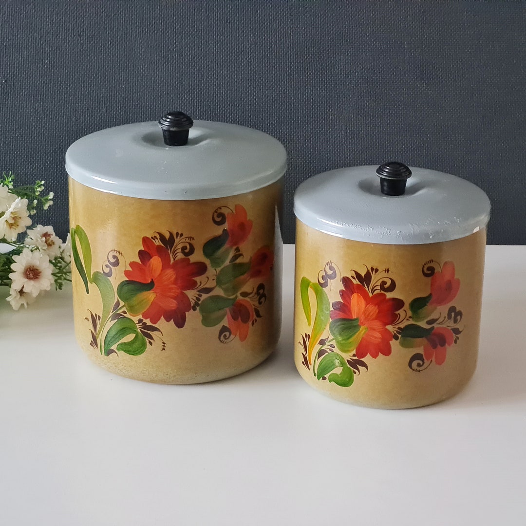 Soviet Vintage Kitchen Food Containers, Lidded Tin Boxes, Hand Painted ...
