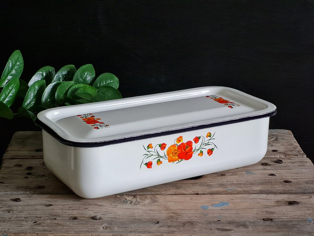 Vintage White Enamel Food Container With a Floral Pattern - Etsy