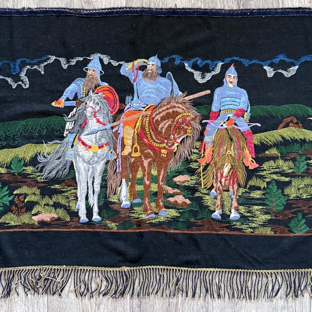 Vintage Soviet Wall Carpet Three Heroes, Hanging Embroidered Carpet ...