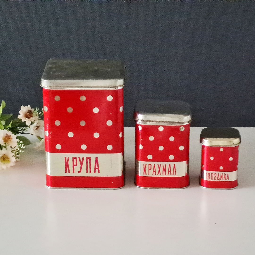 Soviet Vintage Tins, Polka Dot Kitchen Storage Boxes, Red Tin ...