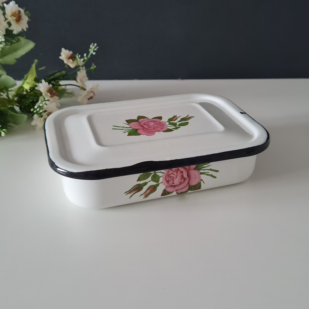 Vintage White Enamel Food Container With a Floral Pattern, Rectangular ...