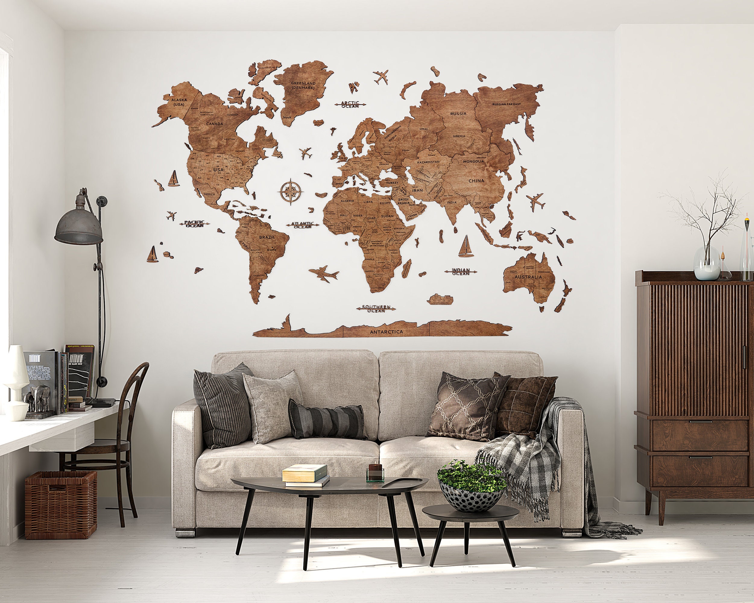 World Map Wall Decor Olive-brown World Map on the Wall - Etsy