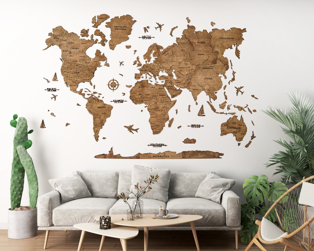 World Map on the Wall Dark Walnut World Map Wall Decor - Etsy