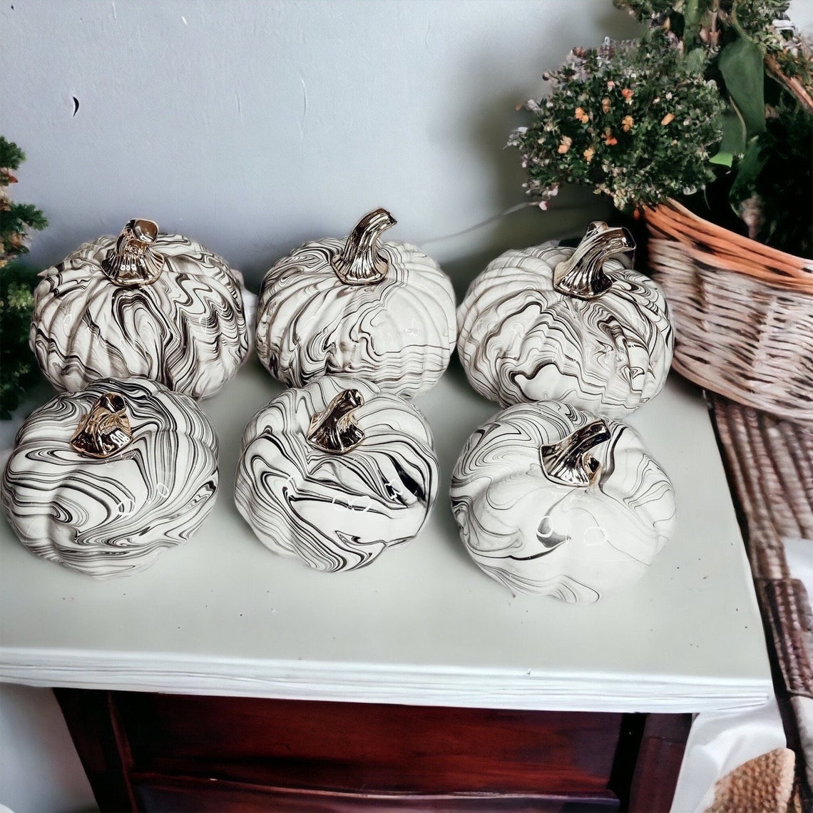 Hand Painted Pumpkins, 2 Sizes, Black and White Pumpkin Decor, Ceramic ...