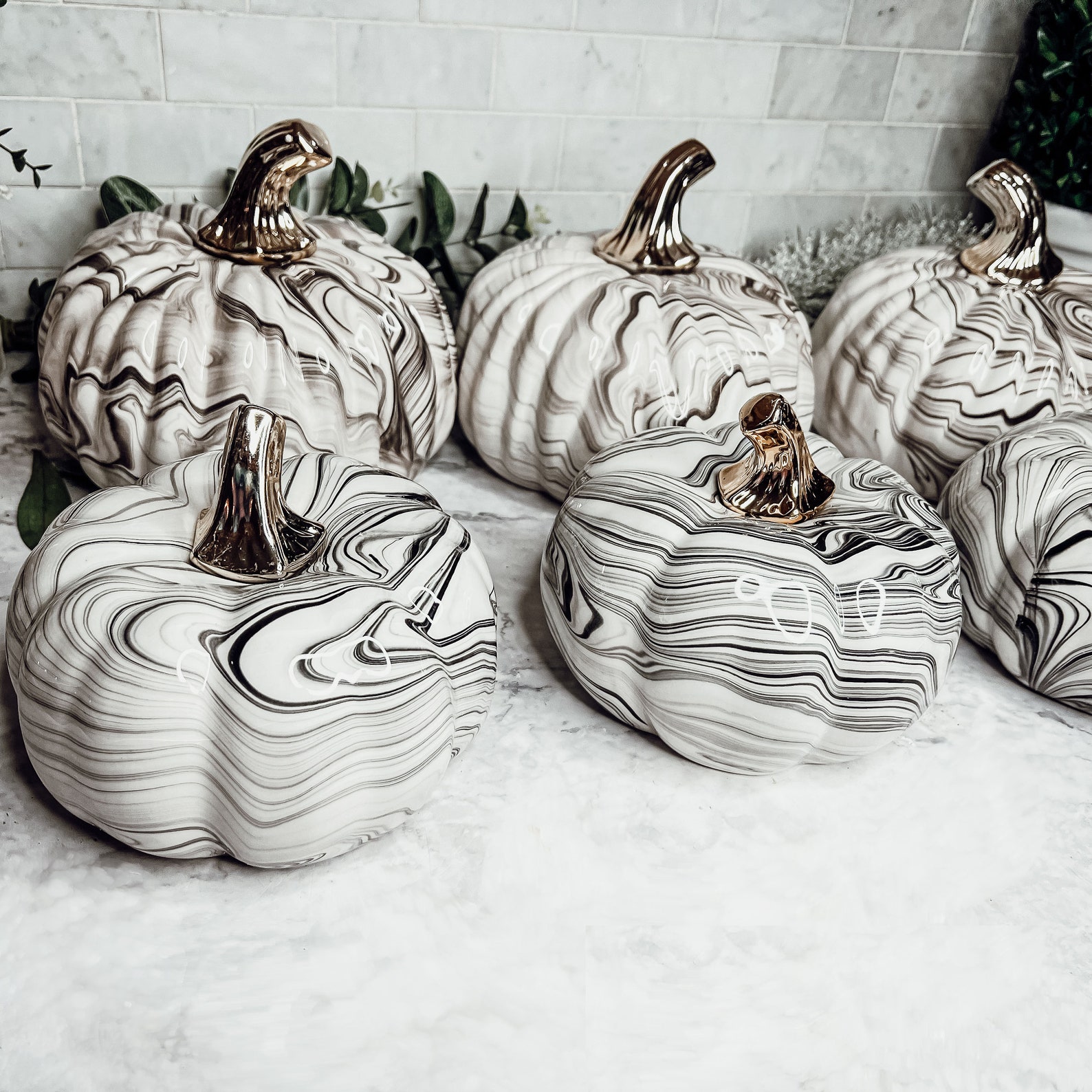 White Pumpkins With Gold Stem and Black Gray Marble Effect, Luxury ...