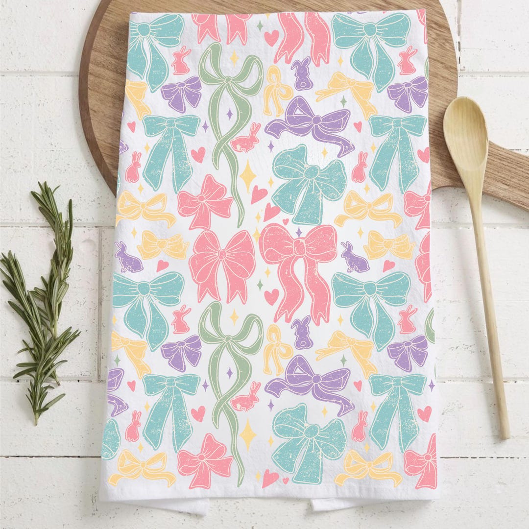 Pastel Easter Bow Kitchen Towel, Cute Spring Tea Towel, Bunny Bow Dish ...