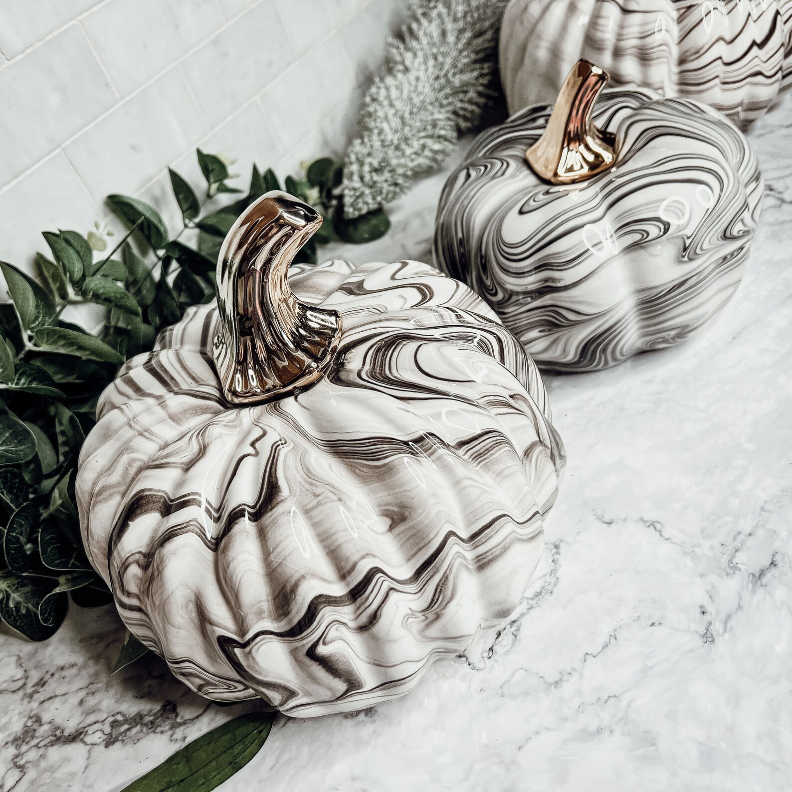 White Pumpkins With Gold Stem and Black Gray Marble Effect, Luxury ...